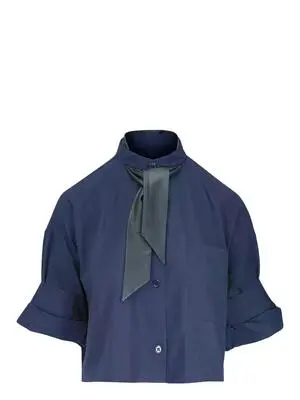TWP Band Collar Leather-tie Shirt - Blue