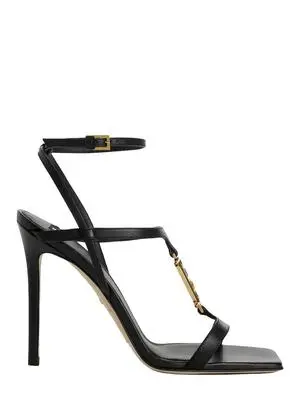 Elisabetta Franchi Leather Stiletto Sandals With Gold-tone Logo Plaque - Black