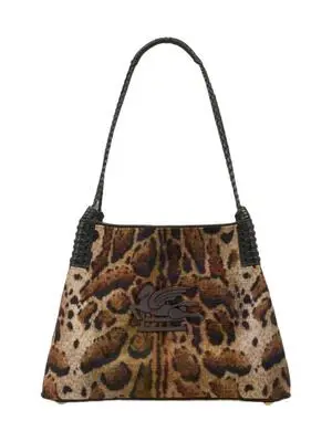 Etro Medium Libra Tote Bag In Velvet With Leopard Motif - Neutrals