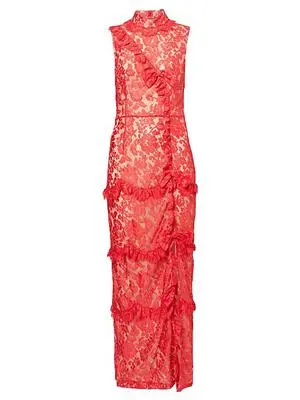 Alessandra Rich High-neck Ruffled Lace Midi Dress - Red