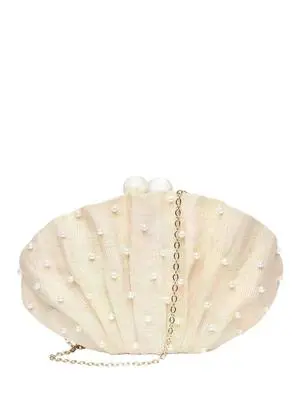Poolside Origami Scallop Clutch Bag With Faux Pearl Embellishment - Neutrals