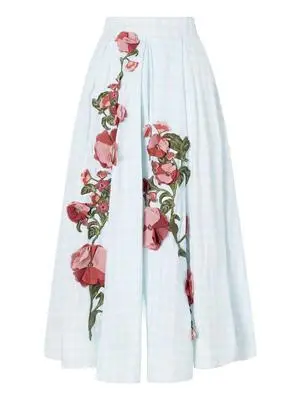Agua Bendita Delta Checked Linen Maxi Skirt With Floral Appliqu - Blue