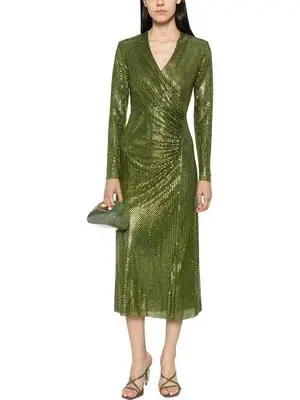 SELF-PORTRAIT Rhinestone Embellished Ruched Midi Dress - Green