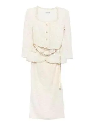 SELF-PORTRAIT Bouclé Midi Skirt And Jacket Set With Chain Belt - Neutrals