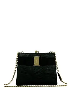 FERRAGAMO Lizard Embossed Leather Vara Chain Crossbody Bag - Black