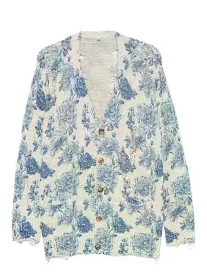 R13 Floral Print Distressed Cardigan - Neutrals