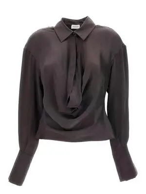Andamane Lilia Draped-neck Long-sleeve Blouse - Brown