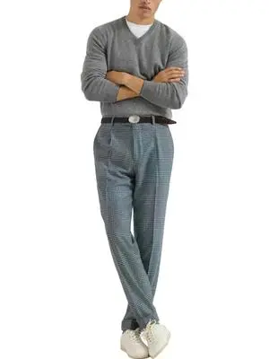 Brunello Cucinelli Comfort Wool And Cashmere Prince Of Wales Flannel Trousers With Pleat - Blue