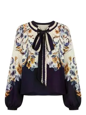 Farm Rio Floral Print Tie-neck Blouse - Neutrals