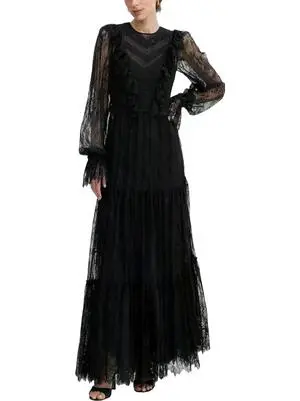 Luisa Spagnoli Floral Lace Maxi Dress With Ruffled Detailing - Black