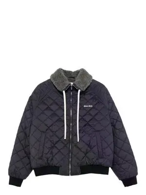 Miu Miu Quilted Bomber Jacket With Shearling Collar - Blue