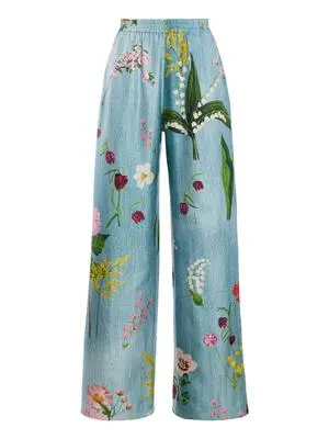 Oscar De La Renta Mixed Botanical Silk-twill Wide-leg Pants - Blue