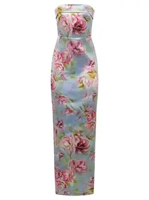 Theia Cleo Floral Print Strapless Maxi Dress - Blue