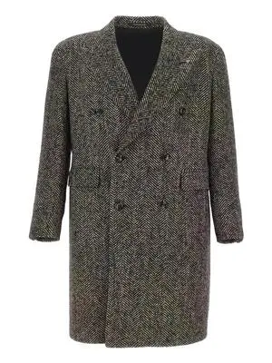 Tagliatore Pino Lerario Herringbone Double-breasted Coat - Black