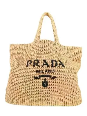 Prada Logo-embroidered Raffia Tote Bag - Neutrals