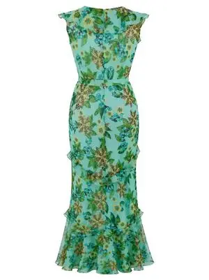 Saloni Rita Floral Print Ruffled Dress - Green