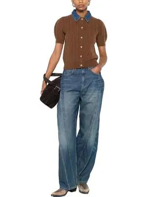 Sandro Cable-knit Short-sleeve Cardigan With Denim Collar - Brown