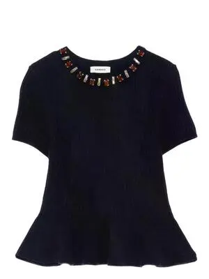 Sandro Ribbed Knit Crystal Embellished Peplum Top - Blue