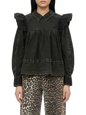 GANNI Organic Cotton Denim Blouse With Ruffled Shoulders - Black