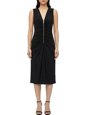 Michael Kors Sleeveless V-neck Metallic Zip Sheath Dress - Black