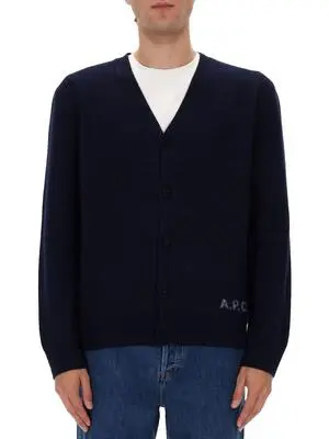 A.p.c. V-neck Cardigan With Embroidered Logo - Blue