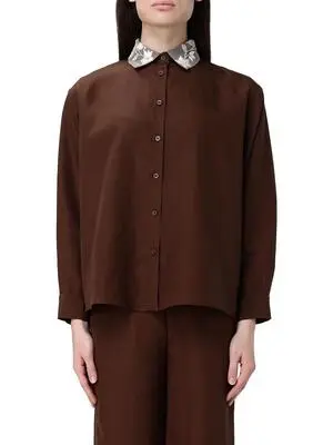 HANITA Linen Blend Shirt With Embroidered Collar - Ebony