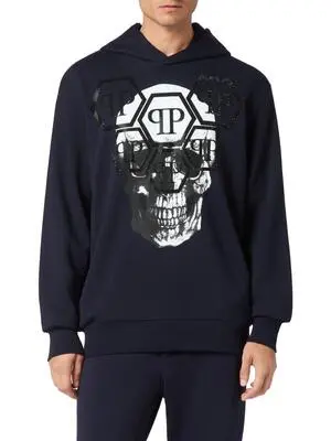 Philipp Plein Cotton Hoodie With Skull Print And Rhinestone Logo - Blue