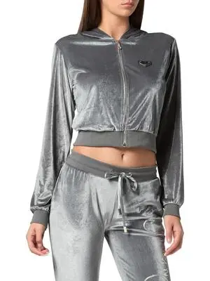 Philipp Plein Cropped Velvet Zip-up Hoodie With Rhinestone Logo Detail - Grey