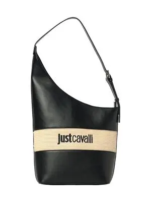 Just Cavalli Embroidered Logo Faux Leather And Raffia Shoulder Bag - Black