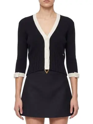 Valentino Garavani Slim Fit Cotton Cardigan With V-neck And Contrast Trim - Black