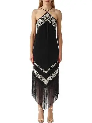 TWINSET Asymmetrical Embroidered Viscose Midi Dress With Fringe - Black