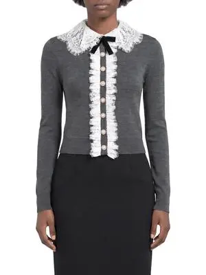 SELF-PORTRAIT Slim Fit Wool Cardigan With Lace Collar - Grey