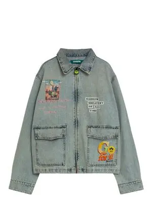 BARROW Light Blue Cotton Denim Graphic Print Zip-up Jacket - Sky Blue