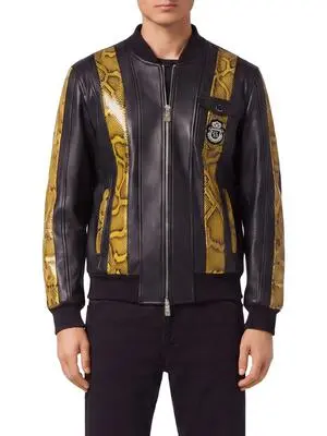 BILLIONAIRE Leather And Snakeskin Bomber Jacket - Black