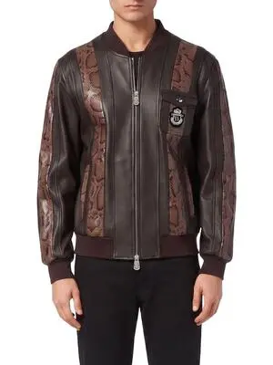 BILLIONAIRE Leather And Snakeskin Bomber Jacket - Brown