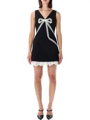 SELF-PORTRAIT Off-the-shoulder Crêpe Sheath Mini Dress With Lace Inserts - Black
