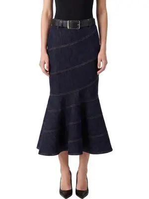 SELF-PORTRAIT Striped Denim Flared Midi Skirt - Blue