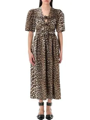 GANNI Leopard Print Midi Dress - Brown