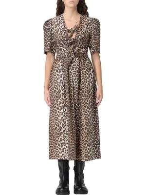 GANNI Leopard Print Midi Dress - Brown
