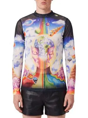Casablanca Slim Fit Long Sleeve Graphic Print Jersey Top - Multicolor