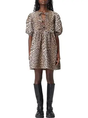 GANNI Leopard Print Puff Sleeve Dress - Brown