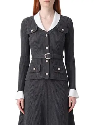 SELF-PORTRAIT Ribbed Wool-blend Cardigan With Belt And Lapel Collar - Grey