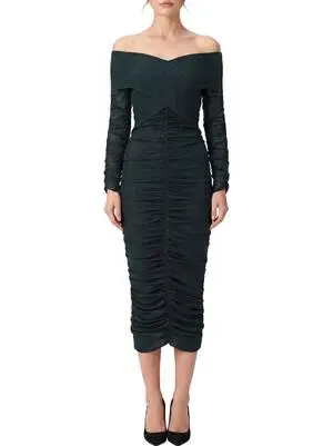 SELF-PORTRAIT Off-the-shoulder Ruched Midi Dress - Green