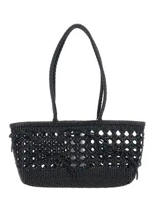 OSOI Biscuit Shoulder Bag In Recycled Leather With A Woven Handle - Black