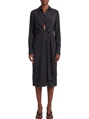 MAISON MARGIELA Midi Chemisier Dress In Cupro With Gathered Waist - Black