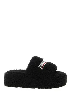 Balenciaga Shearling Trimmed Slide Sandals - Black