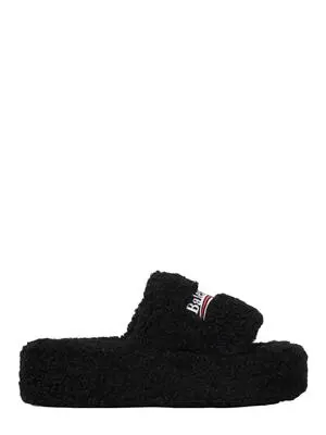 BALENCIAGA Balenciaga Shearling Wedge Slide Sandals With Embroidered Logo