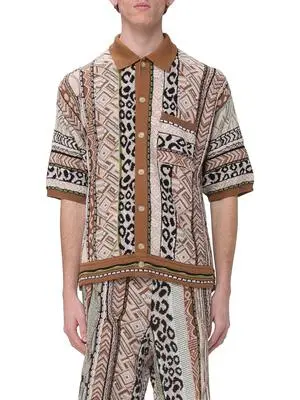 LANEUS Knitted Shirt With Patchwork Motif - Brown