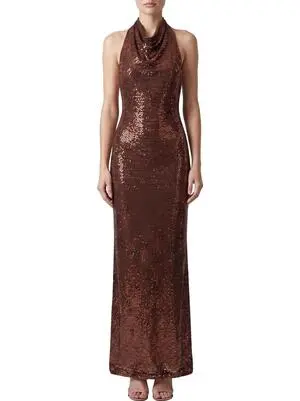 SELF-PORTRAIT Rhinestone Embellished Halterneck Maxi Gown - Brown