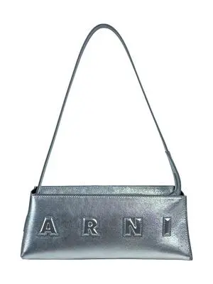 Marni Museo Laminated Leather Shoulder Bag In With Embossed Logo - Silver